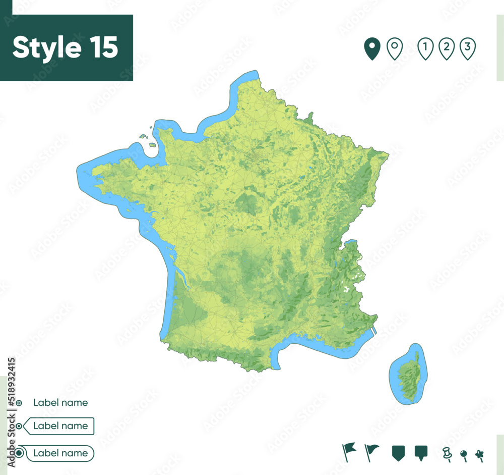 France - map with shaded relief, land cover, rivers, lakes, mountains ...