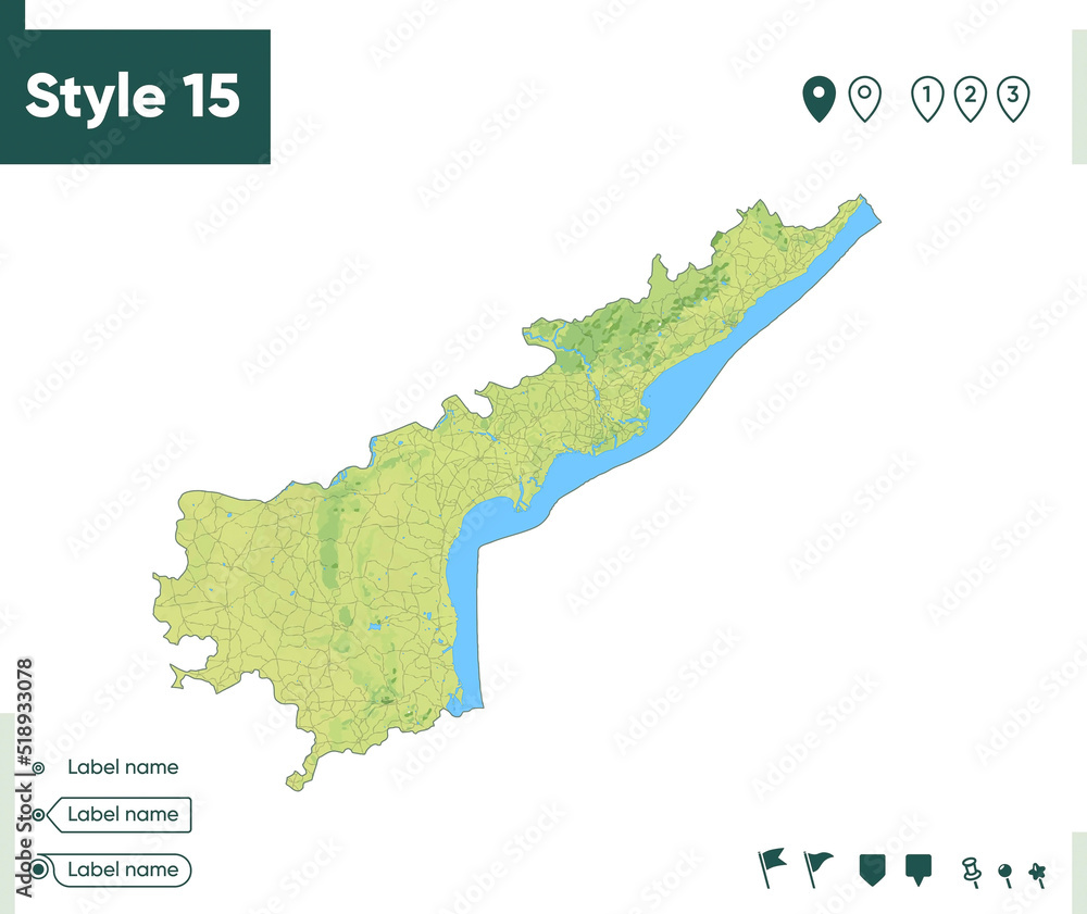 Andhra Pradesh, India - map with shaded relief, land cover, rivers ...