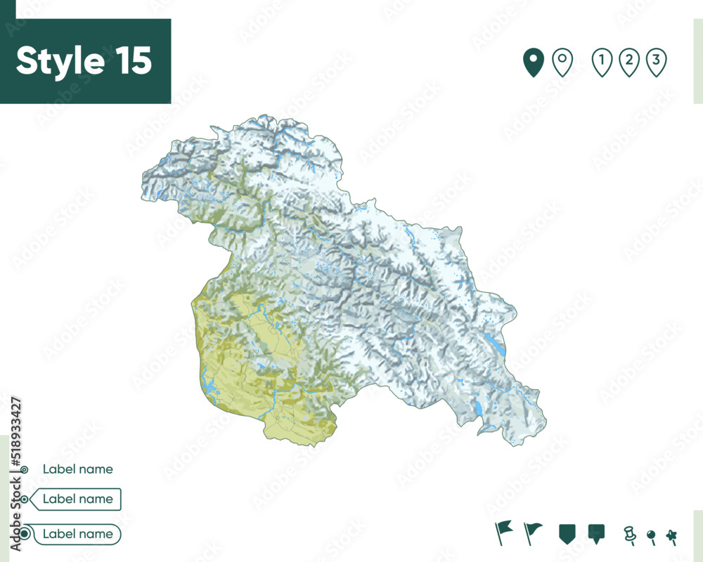 Jammu And Kashmir, India - map with shaded relief, land cover, rivers ...