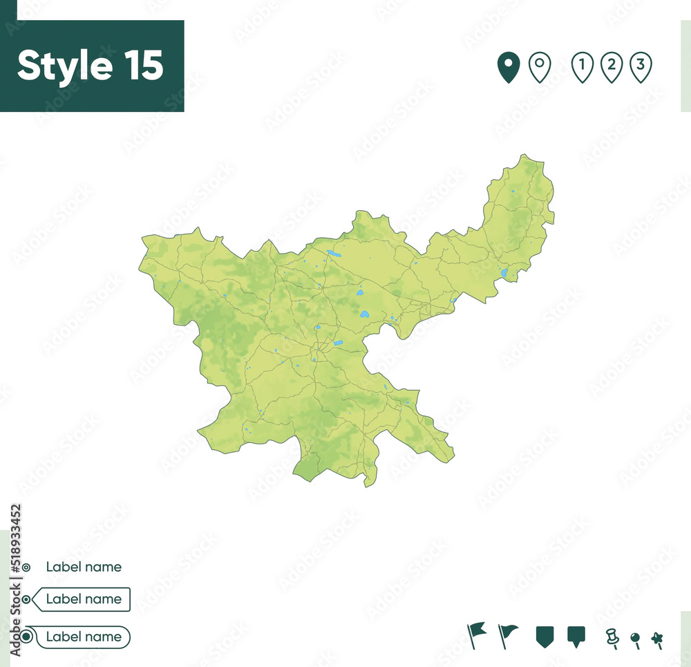 Jharkhand, India - map with shaded relief, land cover, rivers, lakes ...