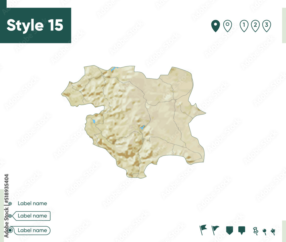 Kurdistan, Iran - map with shaded relief, land cover, rivers, lakes ...
