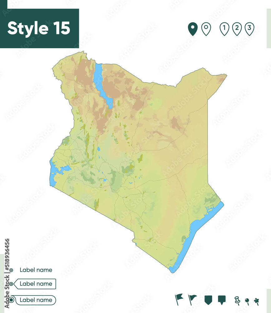 Kenya - map with shaded relief, land cover, rivers, lakes, mountains ...