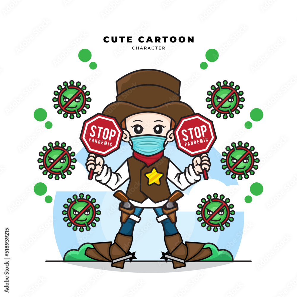 Cute cartoon character of cowboy is holding stop pandemic covid-19 sign ...