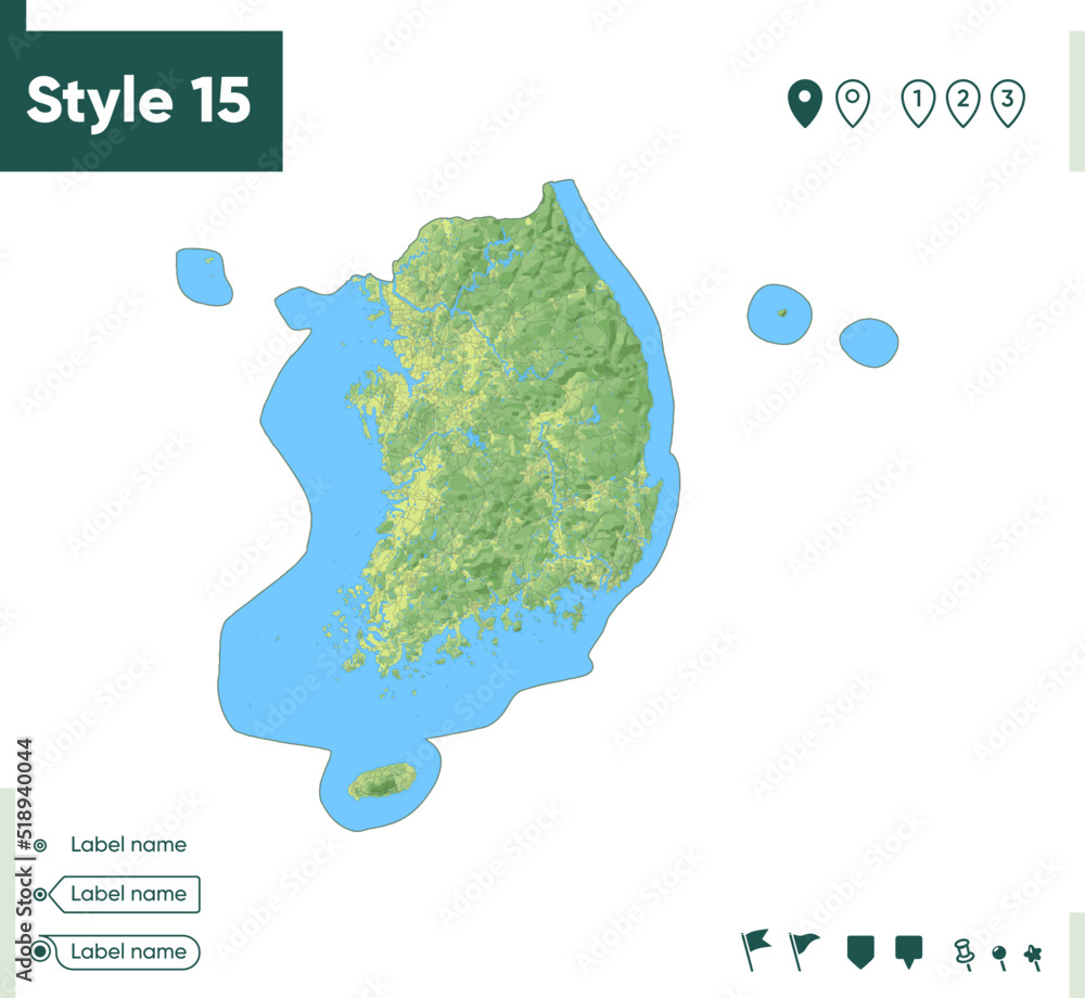 South Korea - map with shaded relief, land cover, rivers, lakes ...