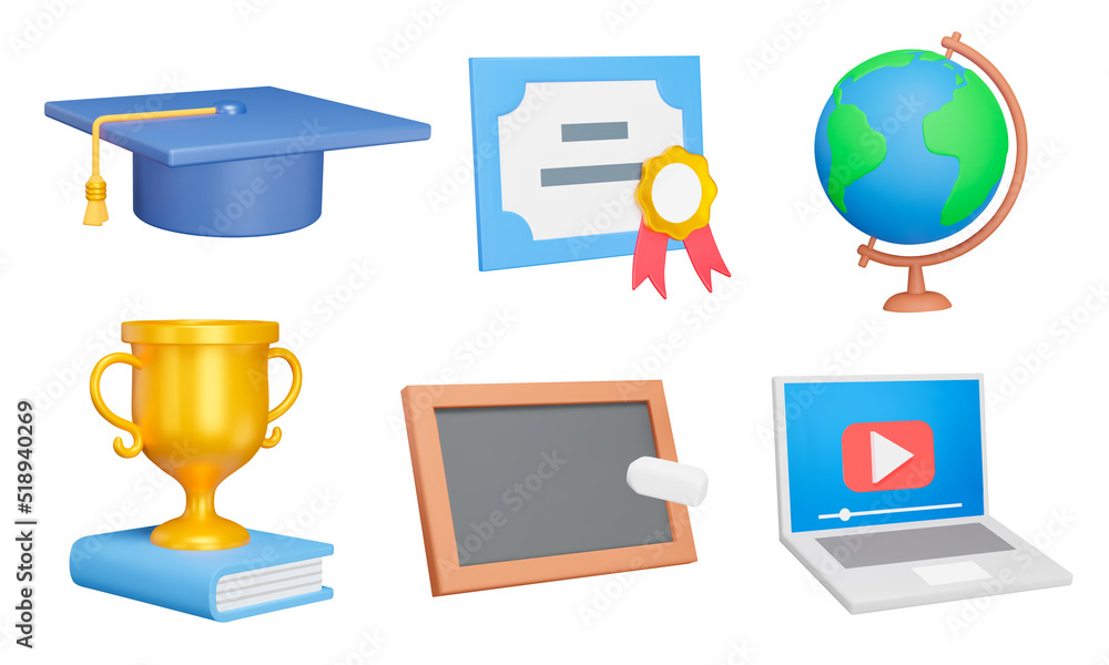 Education 3d icon set. Studying at school or university, study ...