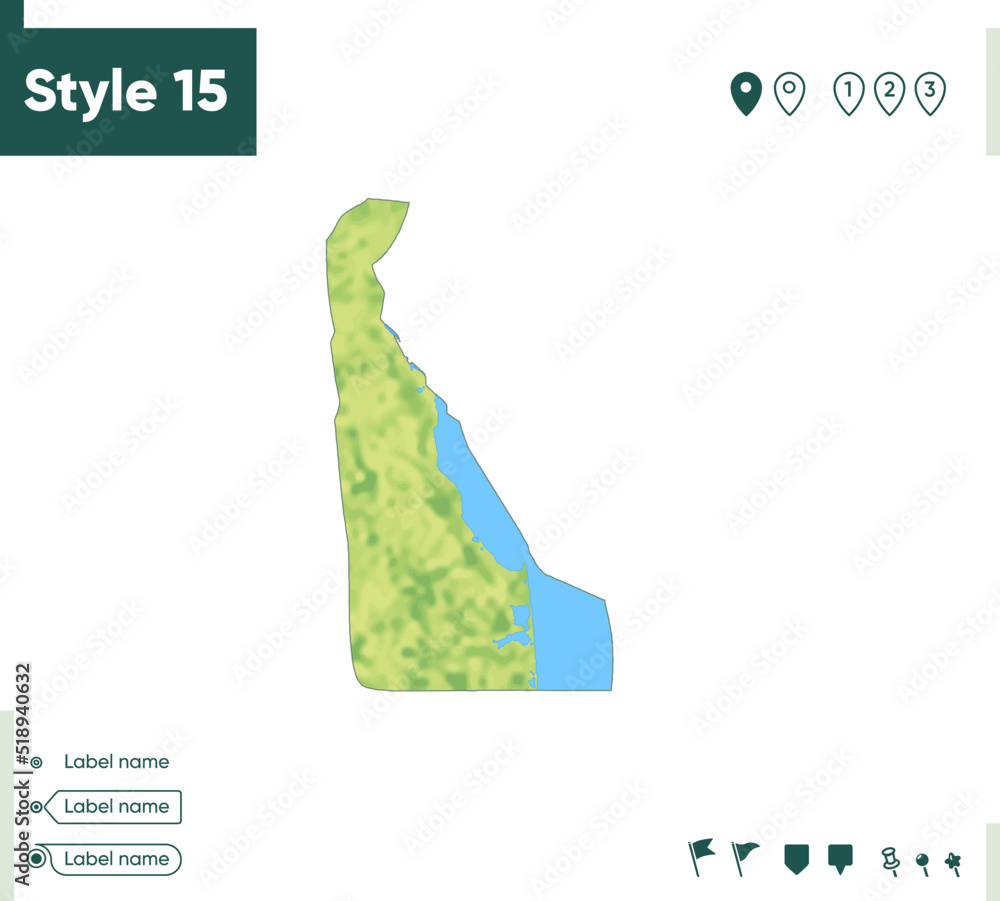Delaware, USA - map with shaded relief, land cover, rivers, lakes ...