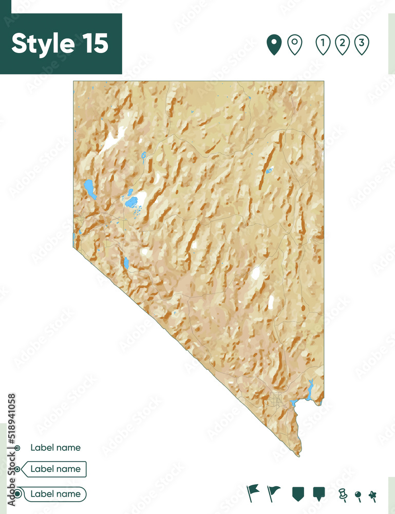 Nevada, USA - map with shaded relief, land cover, rivers, lakes ...
