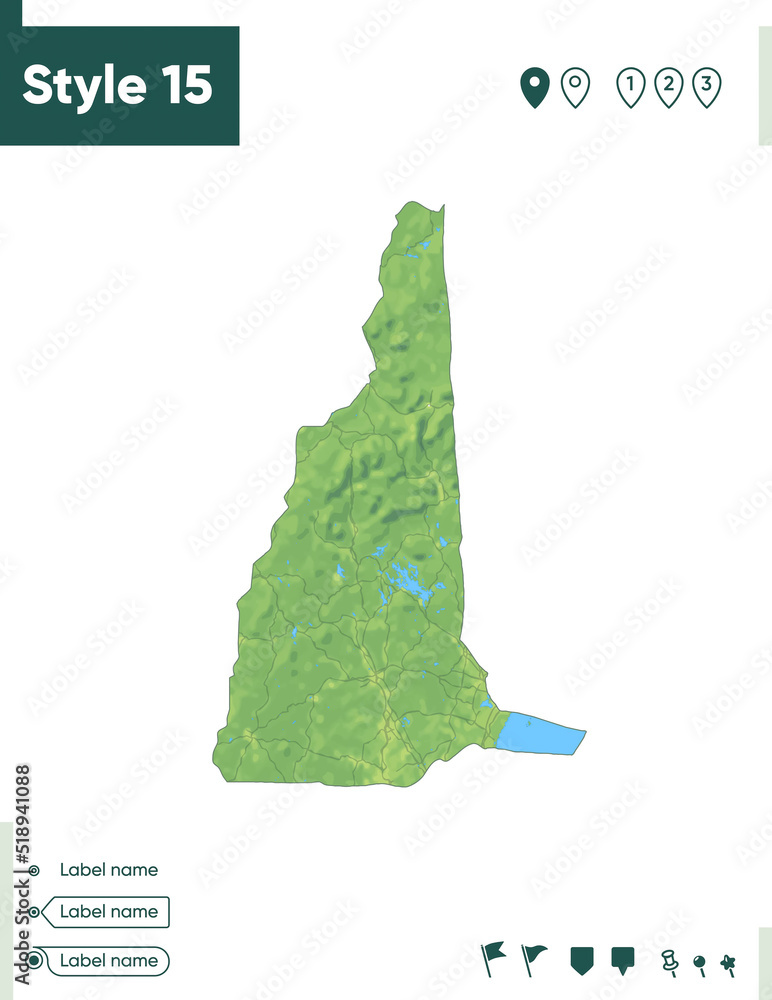 New Hampshire, USA - map with shaded relief, land cover, rivers, lakes ...