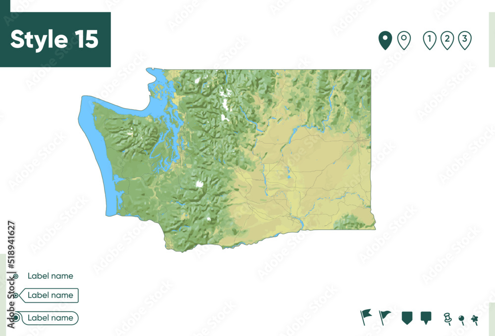 Washington, USA - map with shaded relief, land cover, rivers, lakes ...