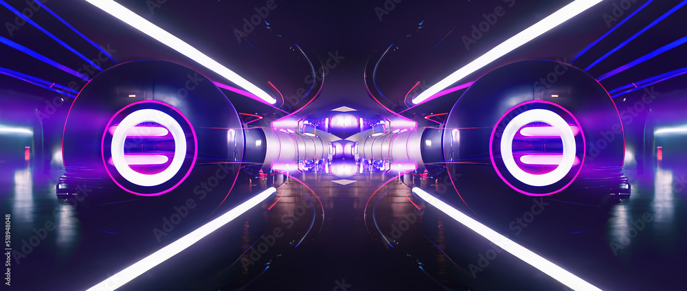 Abstract futuristic neon tunnel, corridor, portal. Modern blue neon ...