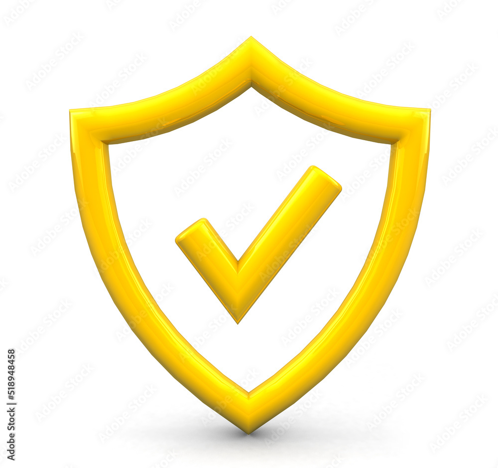 Golden tick mark Shield 3d. Security 3d icon. check mark on shield ...