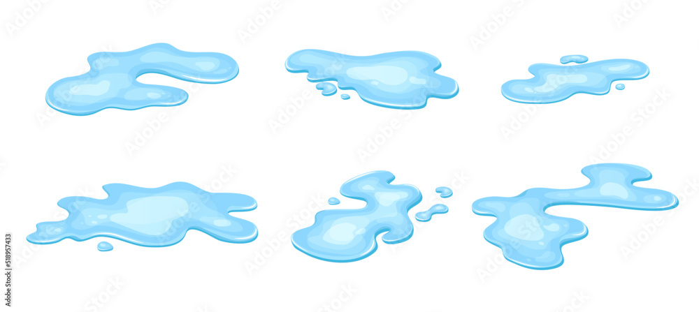 Set of water puddle, liquid cartoon style. Drop isolated on white ...