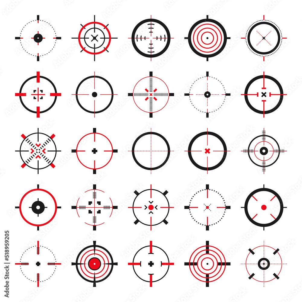 Crosshair, gun sight vector icons. Bullseye, black target or aim symbol ...