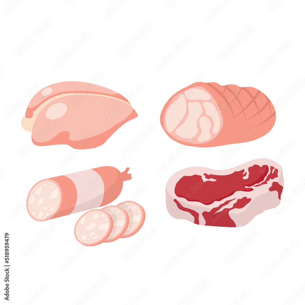 Cartoon meat products. Steaks, pork, lumb and beef vector set. Fras ...