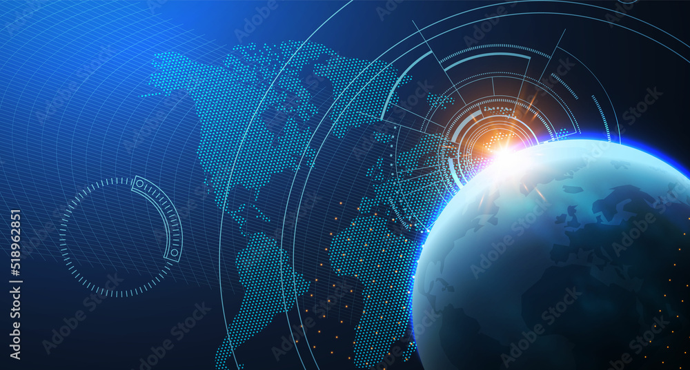 Interface design. Futuristic background with Earth planet, World map ...