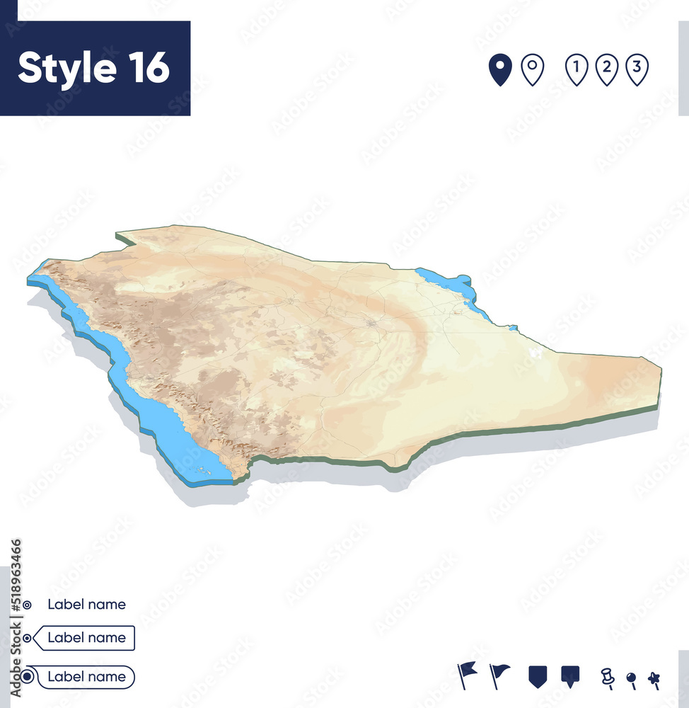 Saudi Arabia - map with shaded relief, land cover, rivers, mountains ...