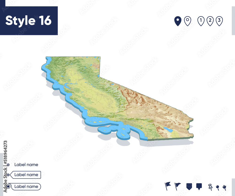 California, USA - map with shaded relief, land cover, rivers, mountains ...