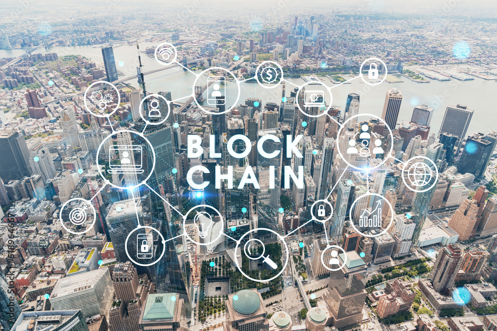 Aerial panoramic helicopter city view, Lower Manhattan, Downtown, New ...