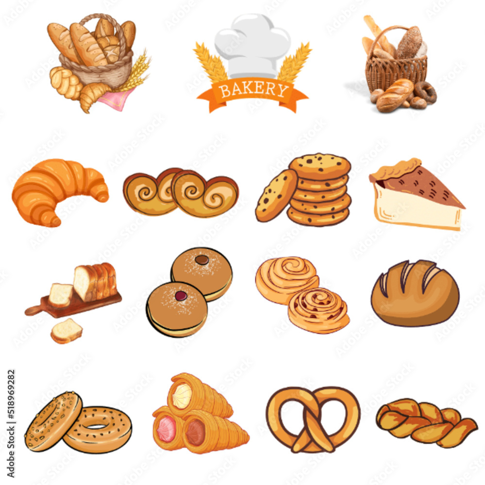 Vector illustration of various types of bakery products. Croissant ...