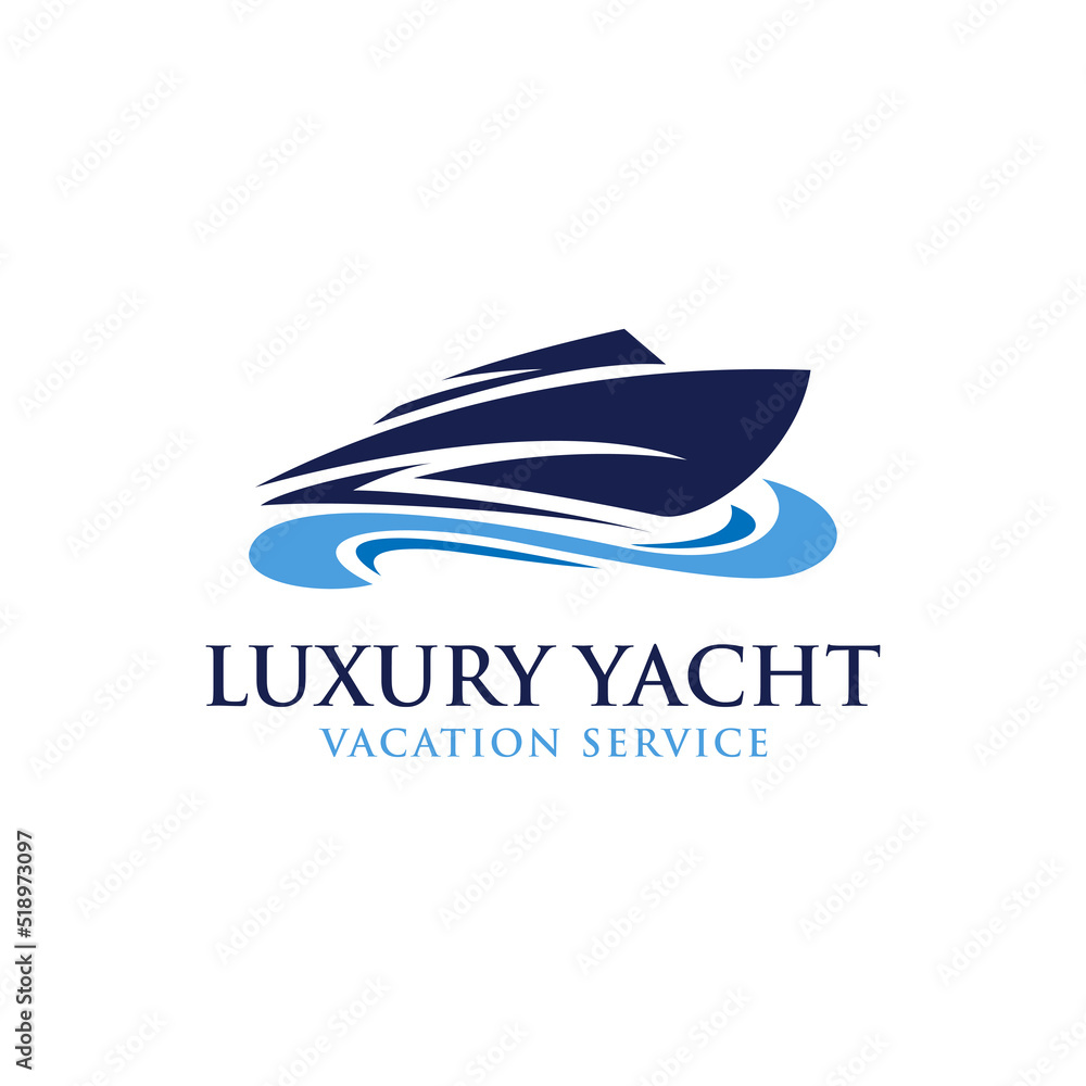 Luxury Yacht Logo Design with Minimalist Blue Yacht and Wave Sea ...