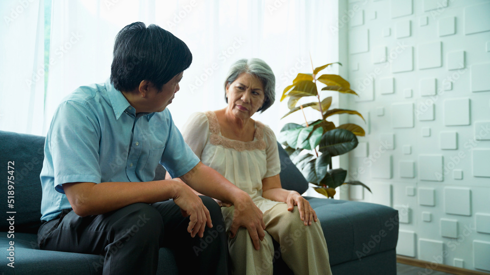 Man questioning his elderly mother's health problems in the living room ...