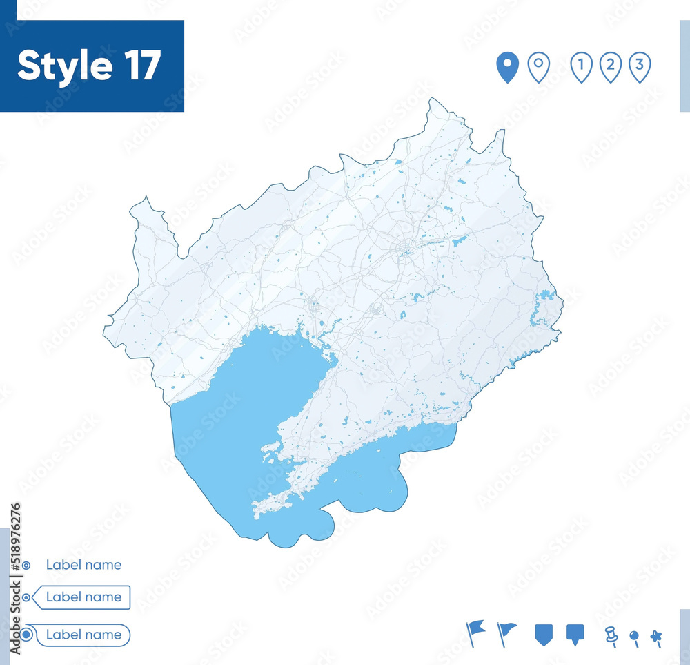 Liaoning, China - map isolated on white background with water and roads ...
