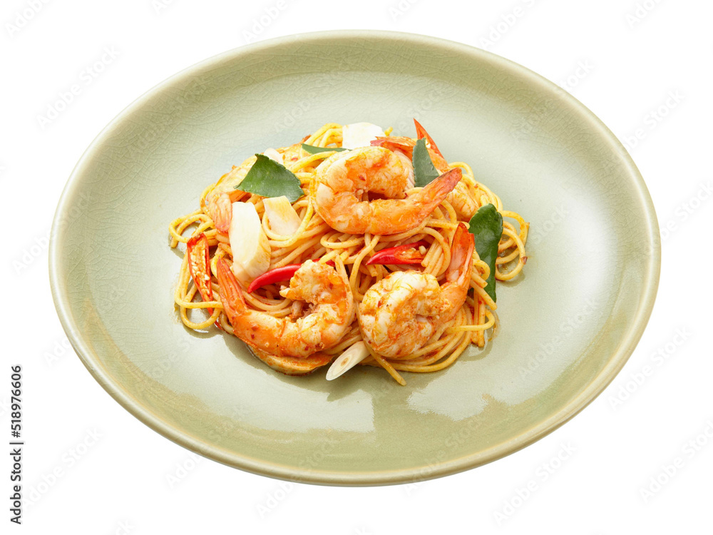 Thai style Tom Yum seafood spaghetti. Spaghetti is a long, thin, solid ...