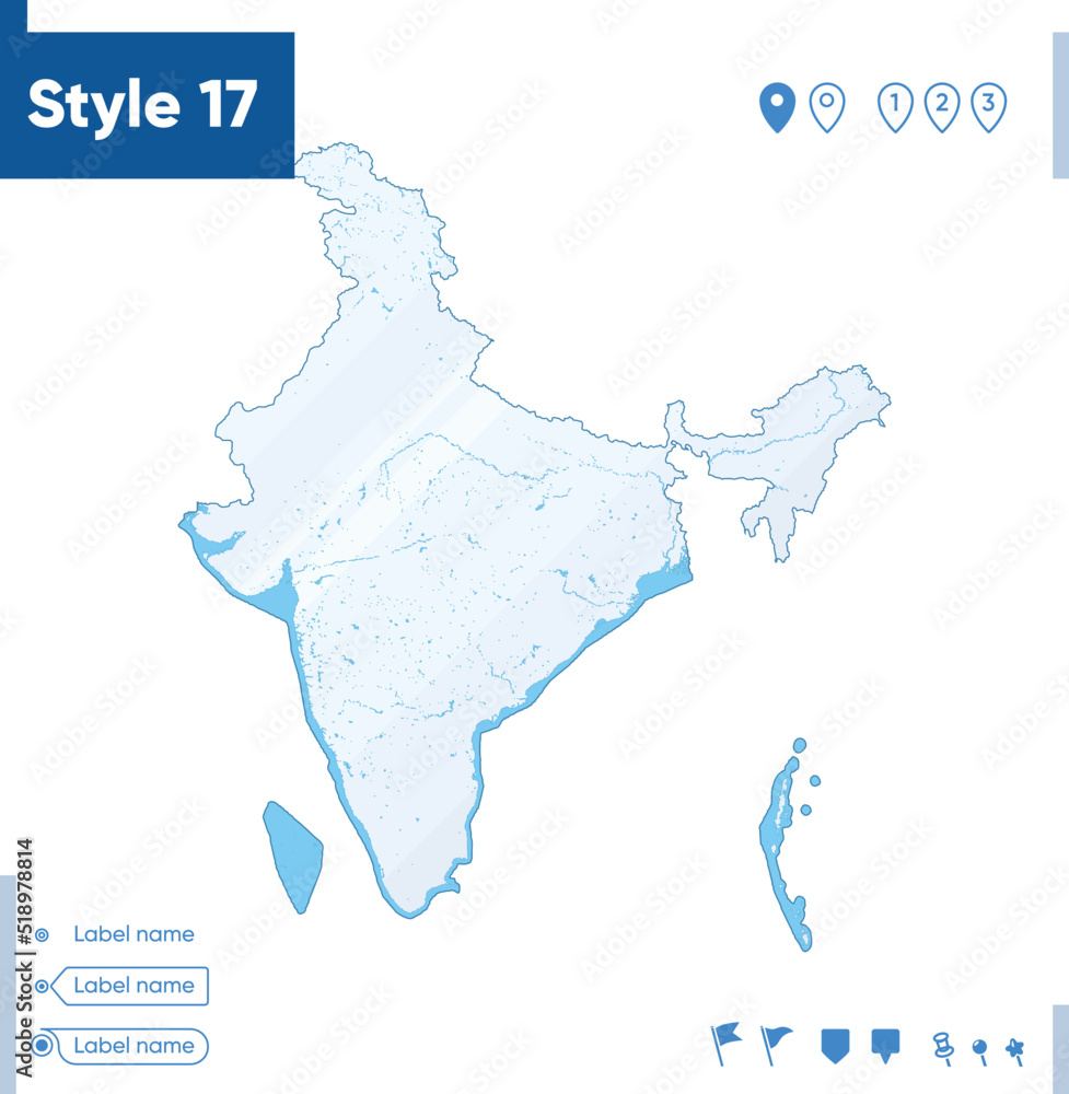 India - map isolated on white background with water and roads. Vector ...
