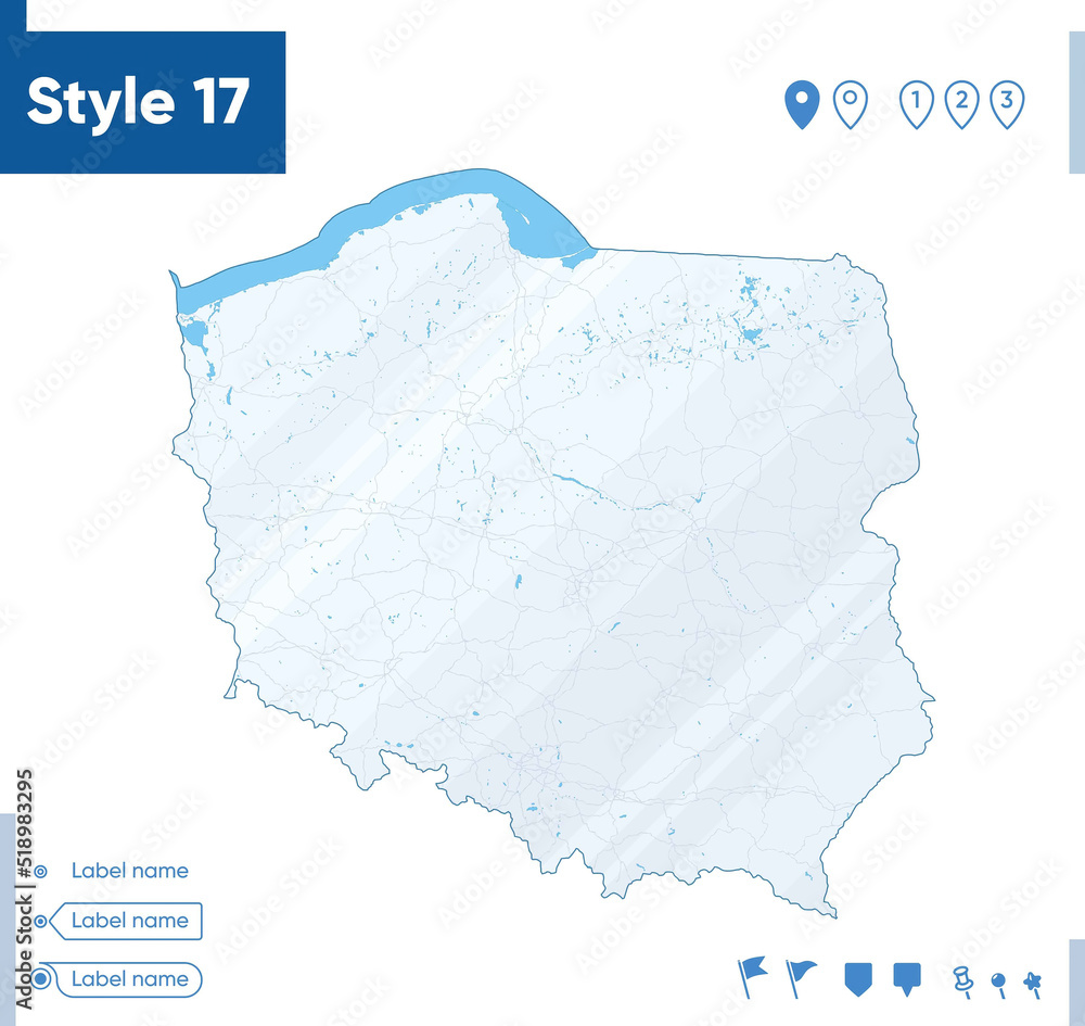 Poland - map isolated on white background with water and roads. Vector ...