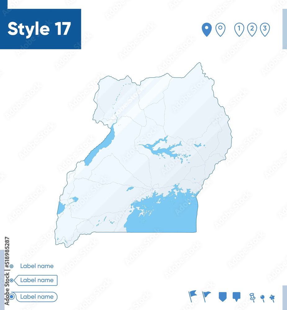 Uganda - map isolated on white background with water and roads. Vector ...