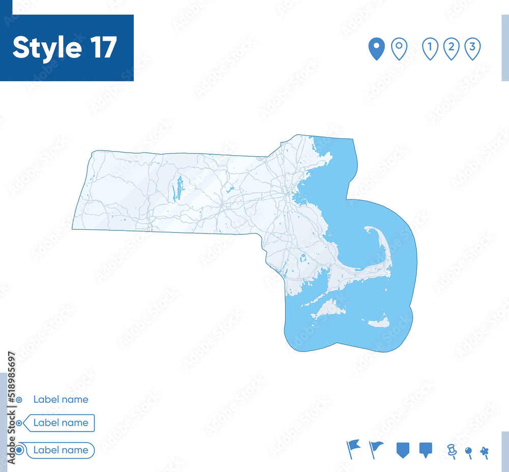 Massachusetts, USA - map isolated on white background with water and ...