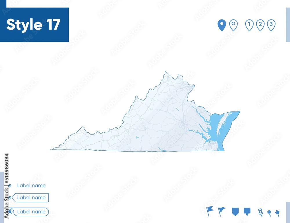 Virginia, USA - map isolated on white background with water and roads ...