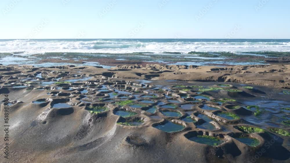 Eroded rock formation, tide pool in La Jolla, California coast, USA ...