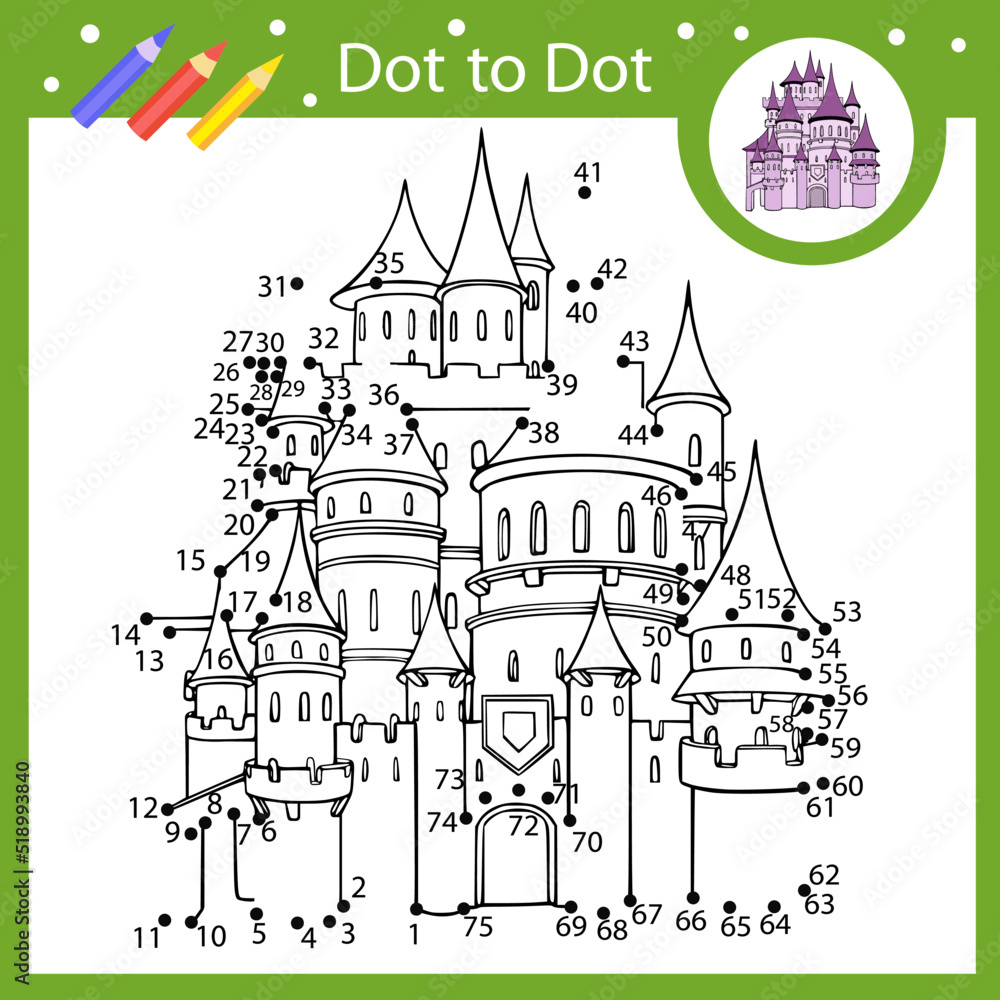 Dot to dot game connect drawing of castle. Kids activity page and ...