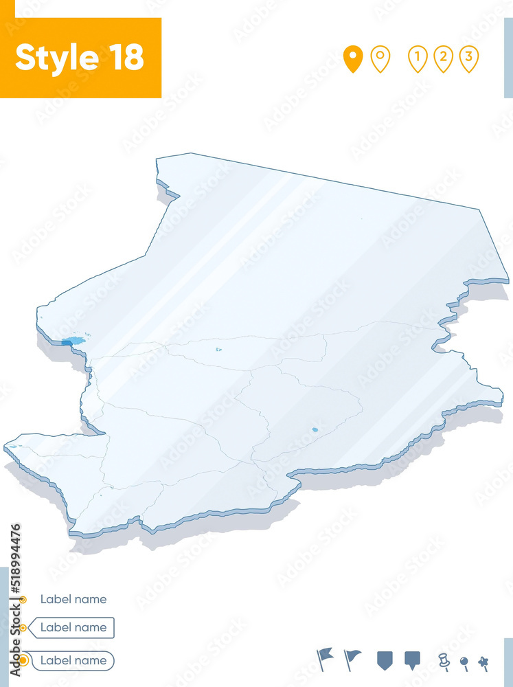 Chad - 3d map on white background with water and roads. Vector map with ...