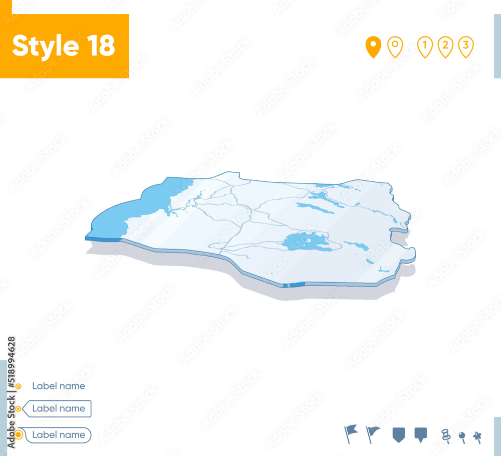 Los Rios, Chile - 3d map on white background with water and roads ...