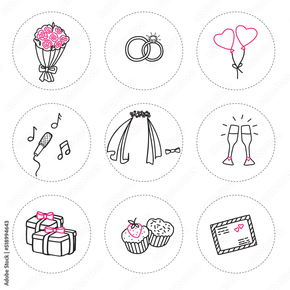 Wedding symbols. Set of Cartoon linear stickers in doodle style ...