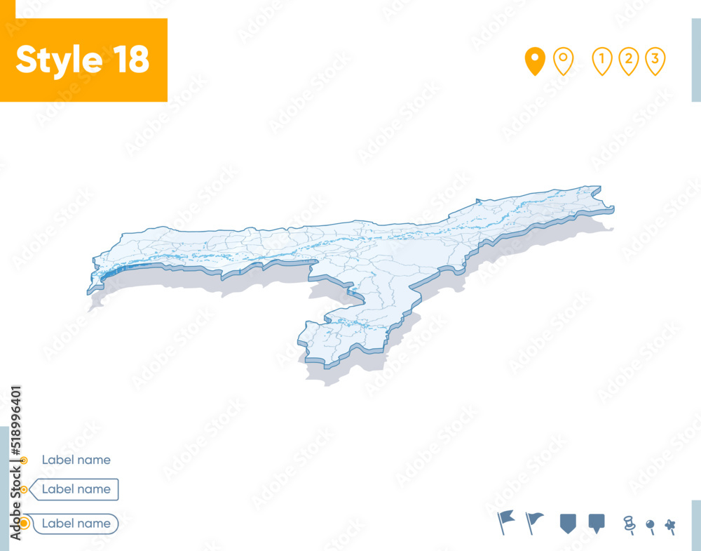Assam, India - 3d map on white background with water and roads. Vector ...