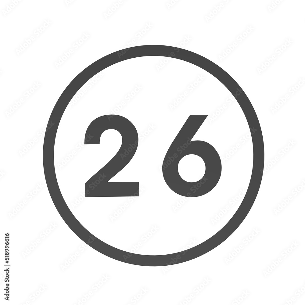 Gray number 26 in a circle on a white background. Numbers and numbers ...