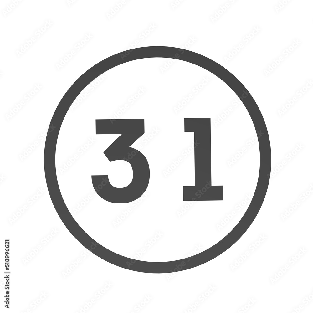 Gray number 31 in a circle on a white background. Numbers and numbers. Numbering. Rendering an ...