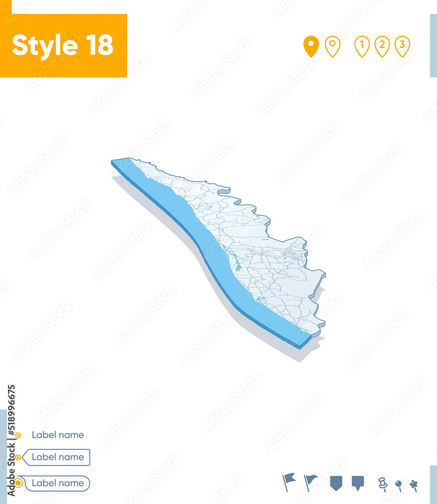 Kerala, India - 3d map on white background with water and roads. Vector ...