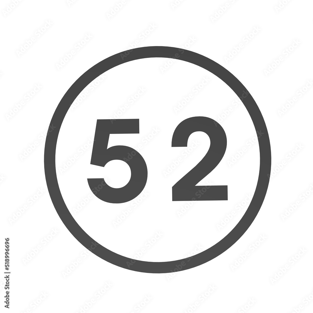 Gray number 52 in a circle on a white background. Numbers and numbers ...