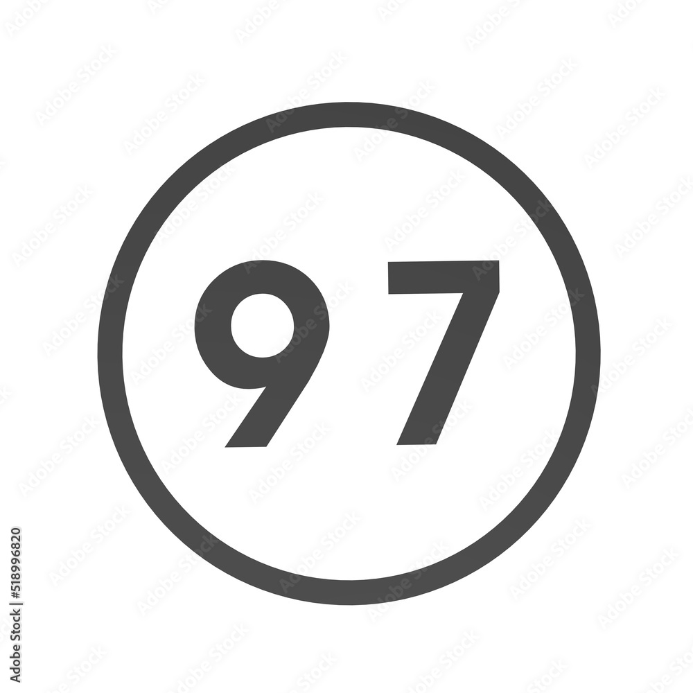 Gray number 97 in a circle on a white background. Numbers and numbers. Numbering. Rendering an ...