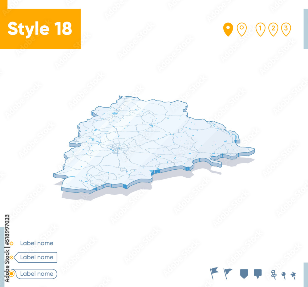 Telangana, India - 3d map on white background with water and roads ...