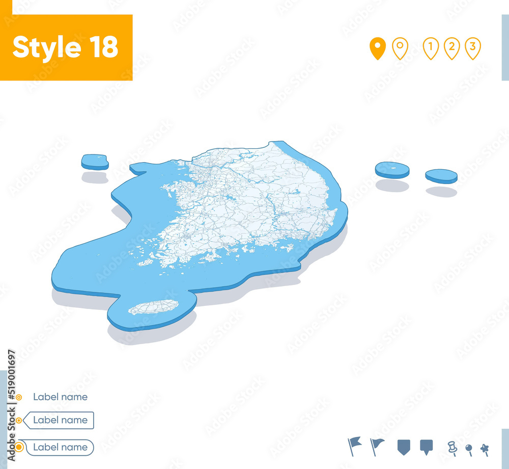 South Korea - 3d map on white background with water and roads. Vector ...