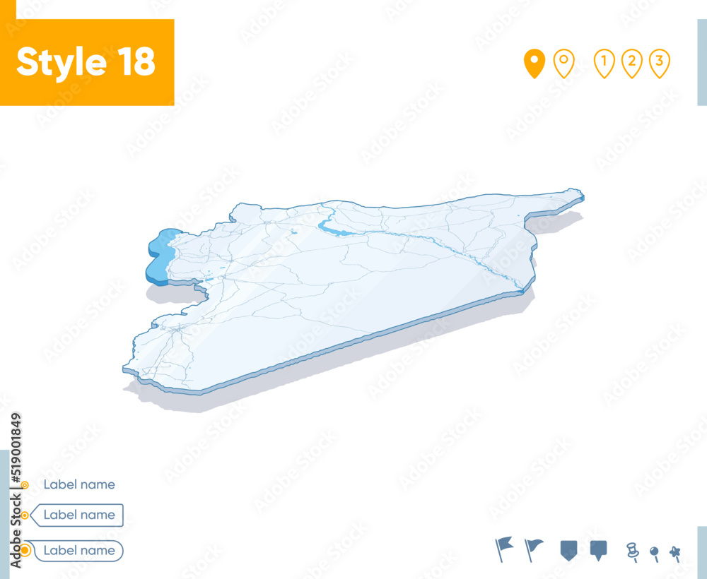 Syria - 3d map on white background with water and roads. Vector map ...