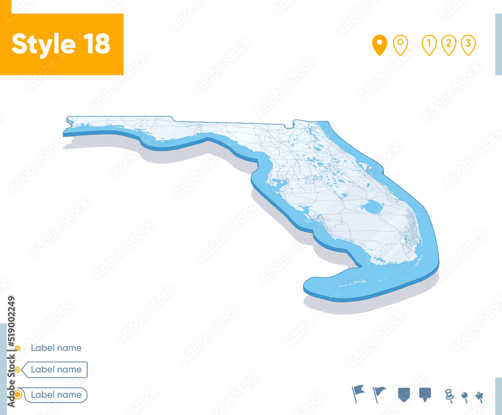 Florida, USA - 3d map on white background with water and roads. Vector ...