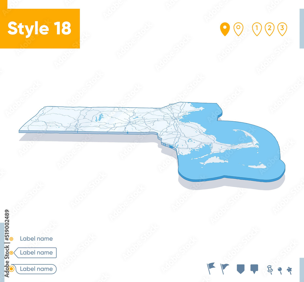 Massachusetts, USA - 3d map on white background with water and roads ...