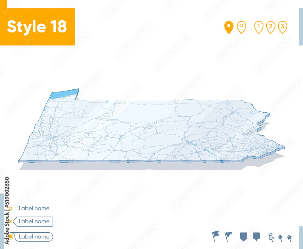 Pennsylvania, USA - 3d map on white background with water and roads ...