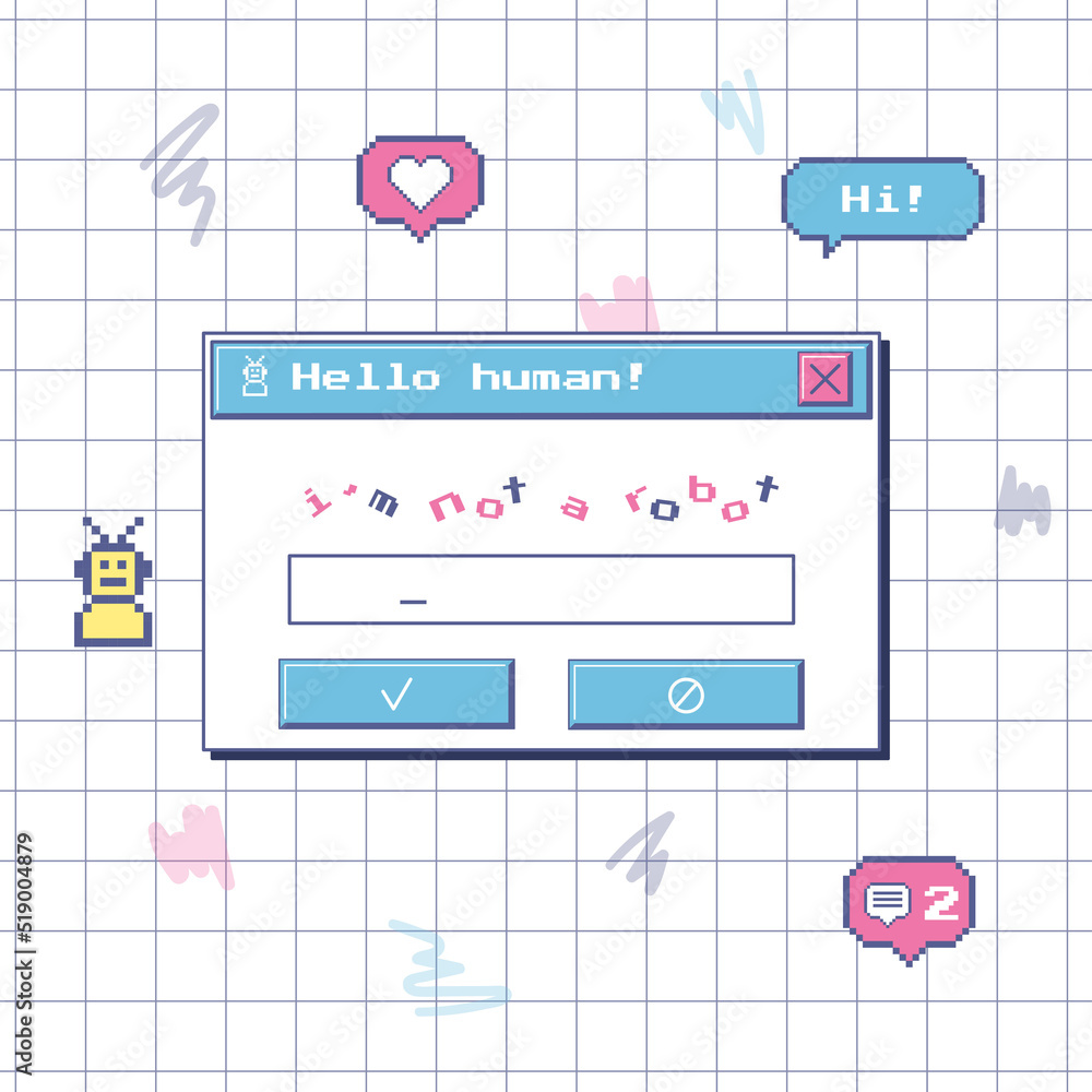 A dialog box with a robot check. A captcha window in style of an old ...